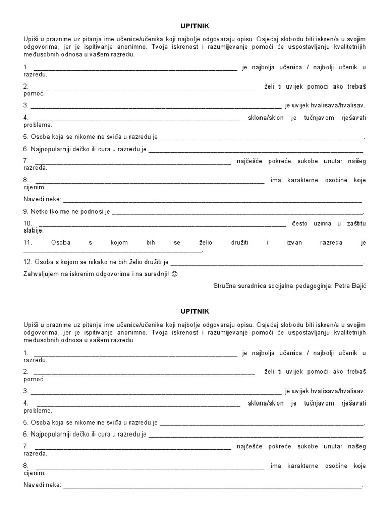 Upitnik Sociometrija | PDF