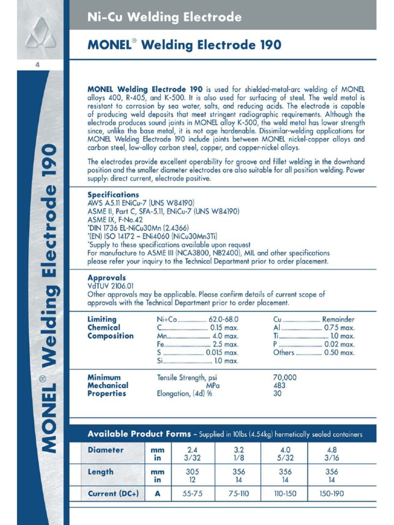 Elettrodo Per Ghisa AWS A5.11 - ENiCu-7 (Monel Welding Electrode 190) | PDF
