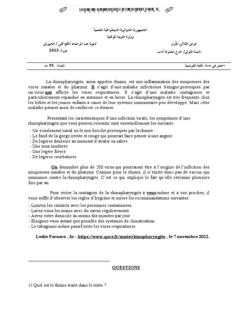 DEVOIR 1AS Lettres Ou Scientifiques | PDF | Rhume | Microbiologie