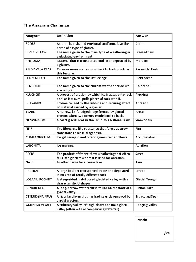 1 - The Anagram Challenge - Print Out For Lesson | PDF | Glacier | Valley