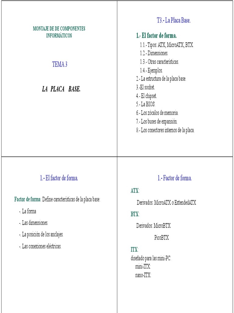 T3. - La Placa Base. 1. - El Factor de Forma. 1.1. - Tipos - ATX, MicroATX, BTX. 1.2 ...
