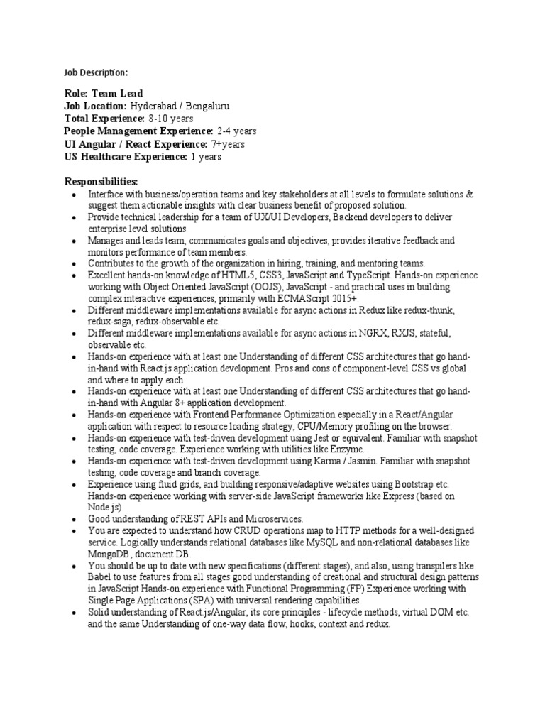 UI Team Lead JD | PDF | Java Script | Systems Engineering UI Team Lead JD | PDF | Java Script | Systems Engineering