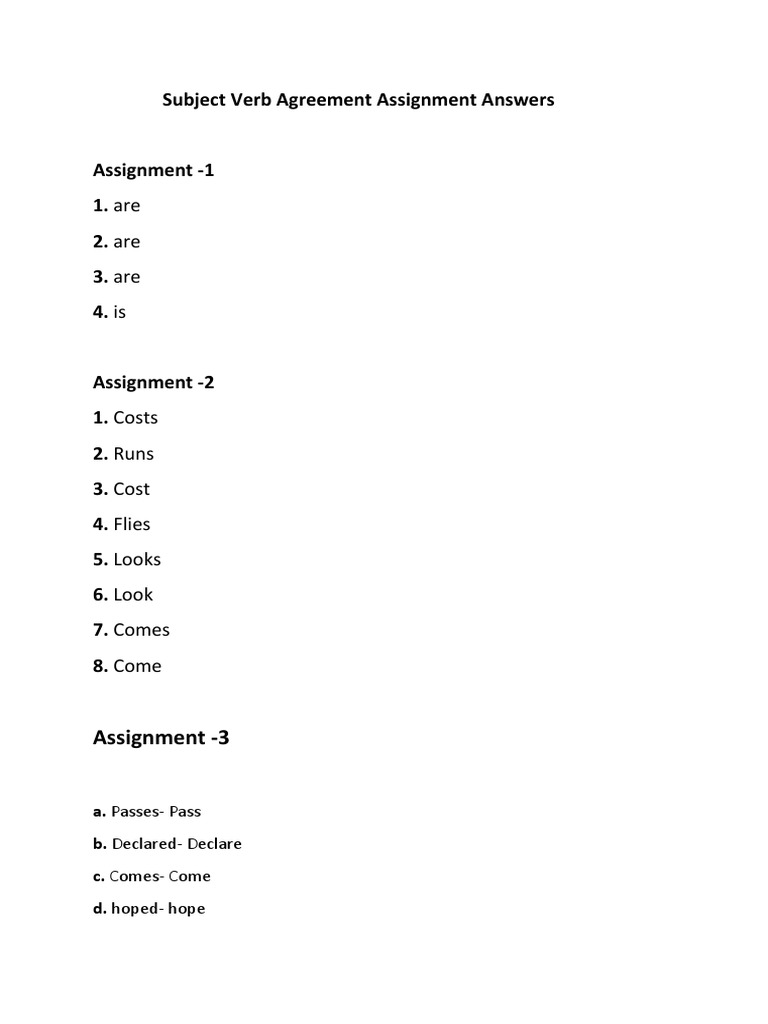 Subject Verb Agreement Assignment Answers | PDF