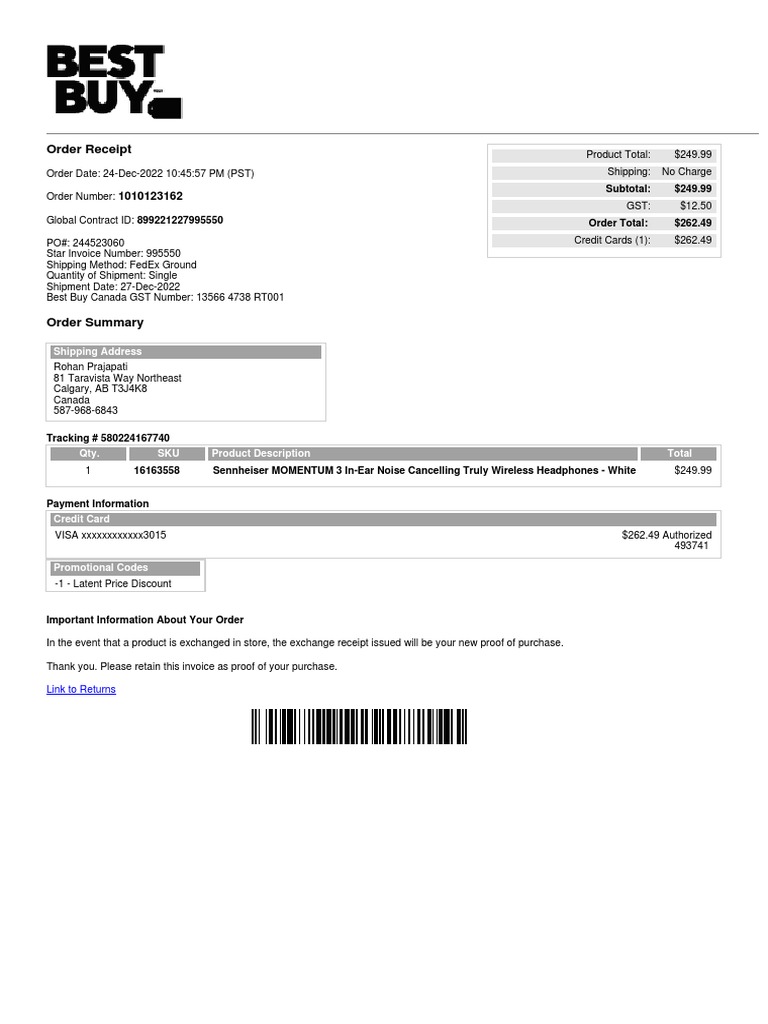 Best Buy Order Receipt for Headphones | PDF | Receipt | Invoice