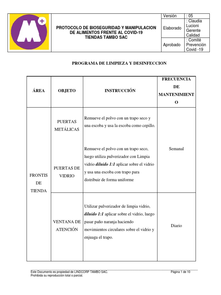 Programa de Limpieza y Desinfección | PDF | Limpieza