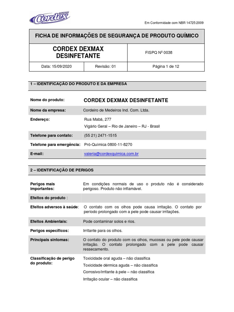 0038-CORDEX-DEXMAX-DESINFETANTE Fispq | PDF | Embalagem e rotulagem ...