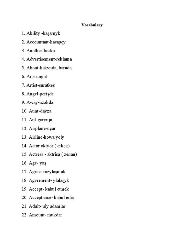 Basic Turkish Vocabulary | PDF