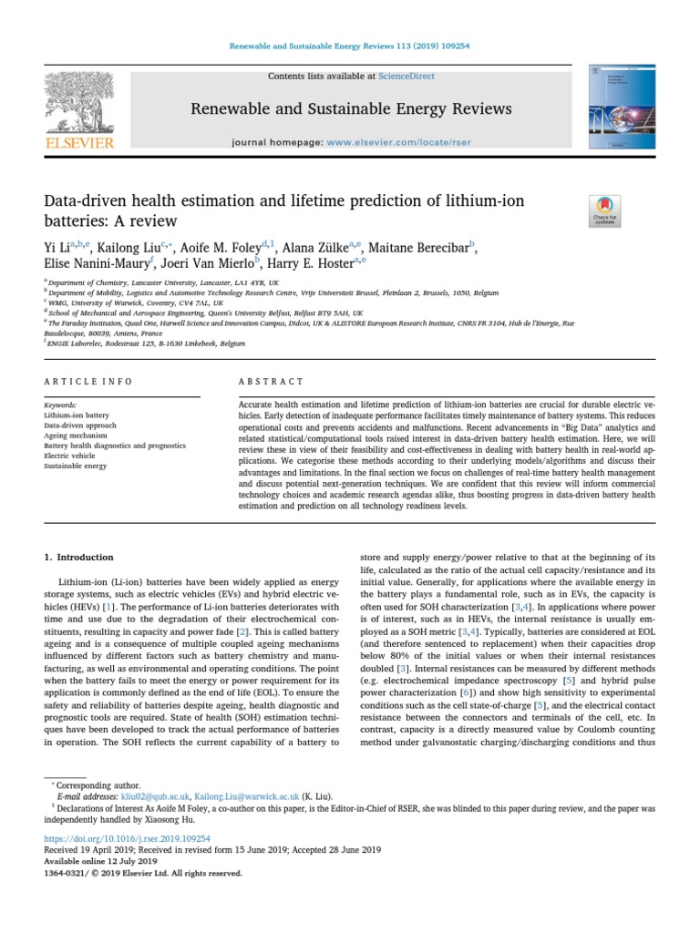 Data Driven Health Estimation And Lifetime Predic 2019 Renewable And Sustain Pdf Lithium Ion