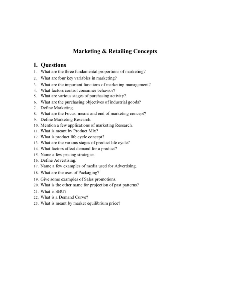 Marketing & Retailing Concepts I. Questions: C C C C C C C C C C C C C ...