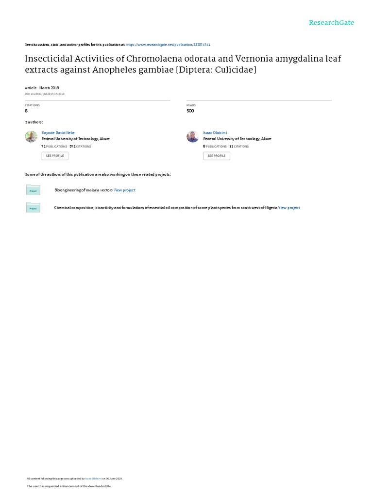 Insecticidal Activities of Chromolaena Odorata and | PDF | Malaria ...