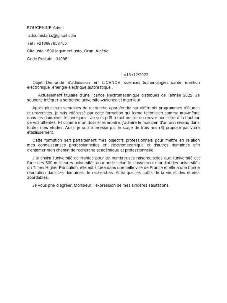 Lettre de Motivation Sorbonne | PDF