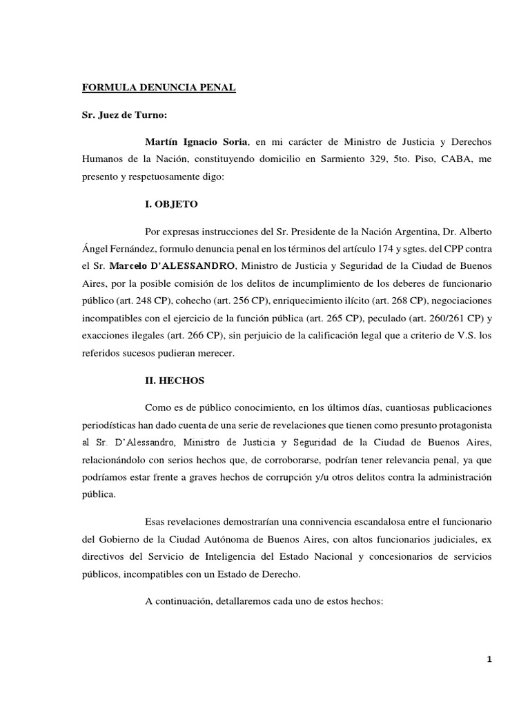 La Denuncia Penal Contra D'Alessandro | PDF | Derecho penal | Buenos Aires