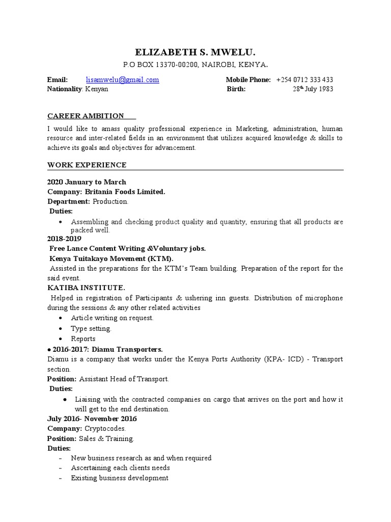 Elizabeth Mwelu Resume Word | PDF | Marketing | Kenya