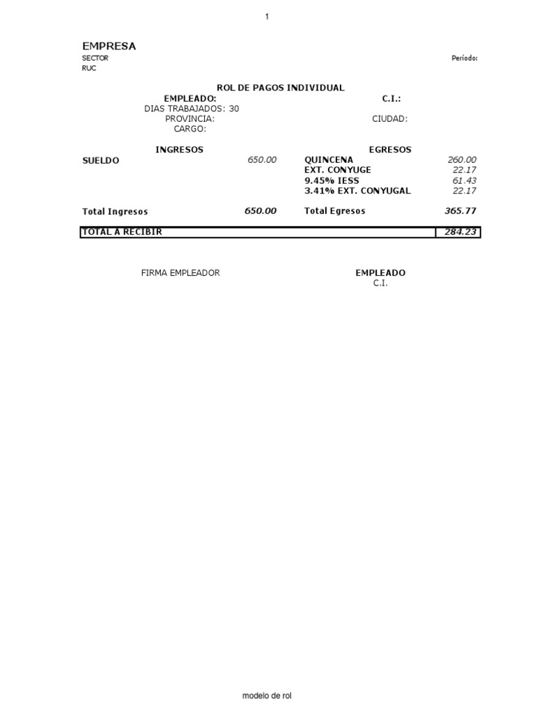MODELO PARA HACER ROL DE PAGO | PDF