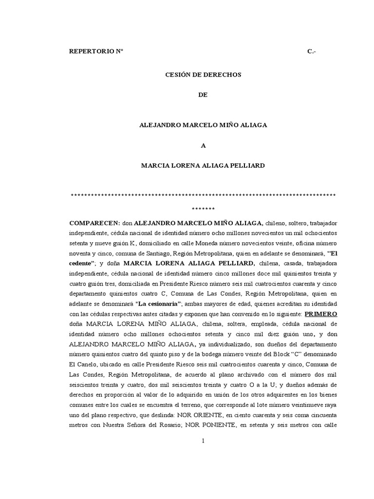Escritura de Cesión de Derechos MIÑO ALIAGA (Staff Jurídico) | PDF ...