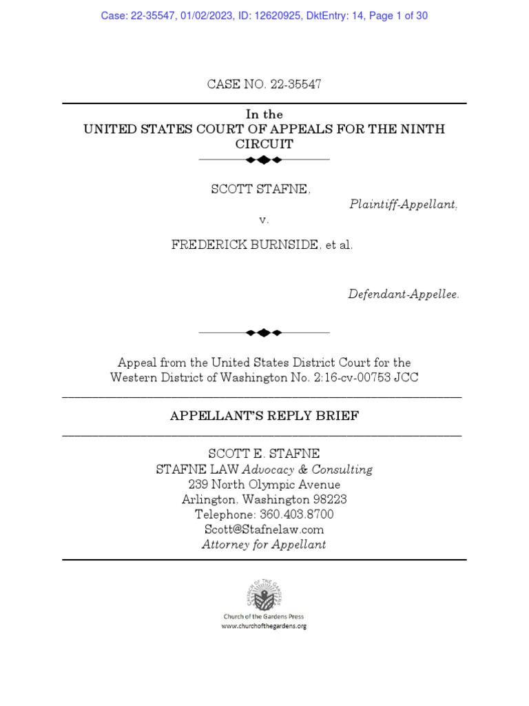 NINTH CIRCUIT Reply Brief in Stafne V Burnside Challenging Legitmacy of ...