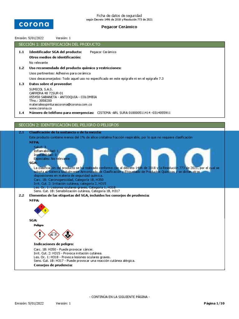Ficha de Seguridad Pegacorceramico | PDF | Toxicidad | Agua
