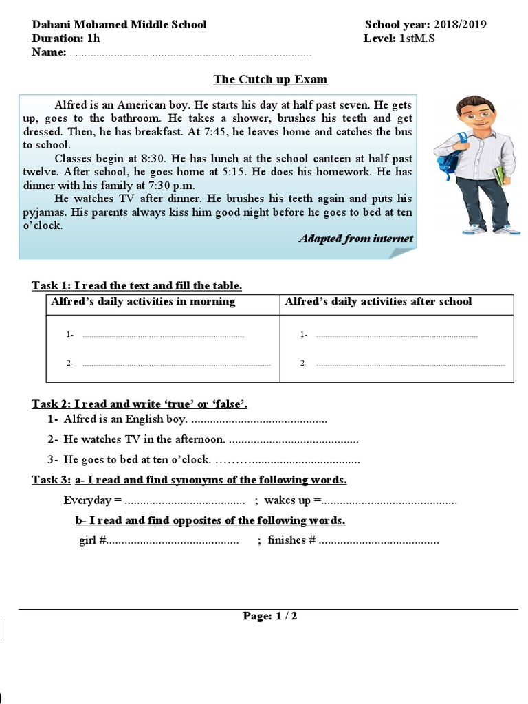 1MS Second Term Test Daily Activities by Teacher Sofian Ghez 2018 | PDF ...