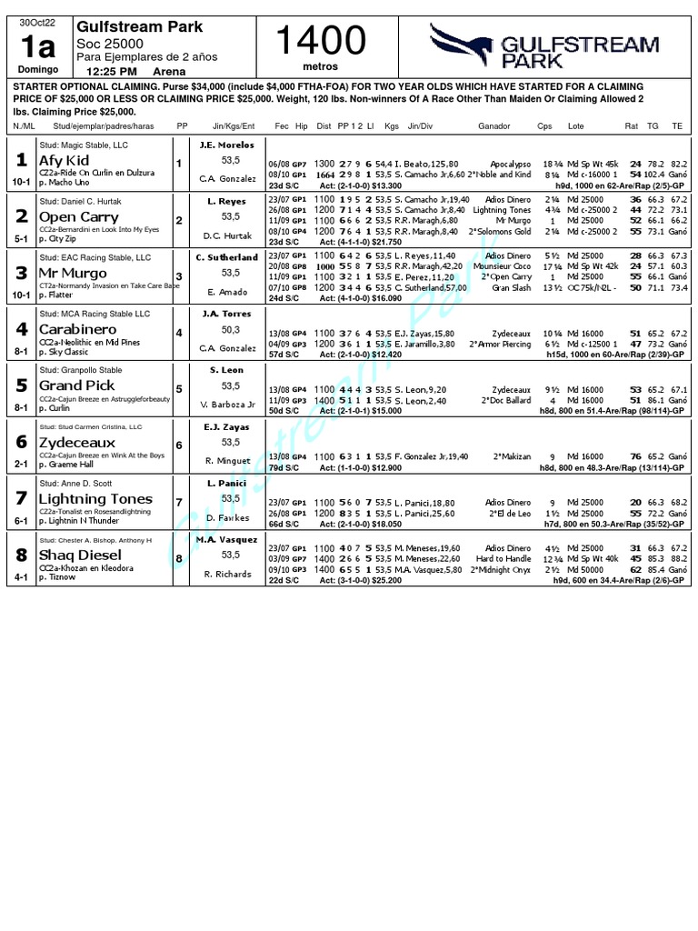 Gulfstream Park Race Overview 30Oct22 | PDF | American Racehorses ...