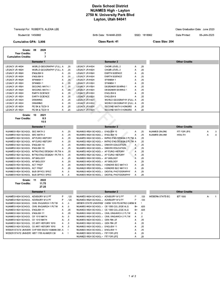 High School Transcipt | PDF
