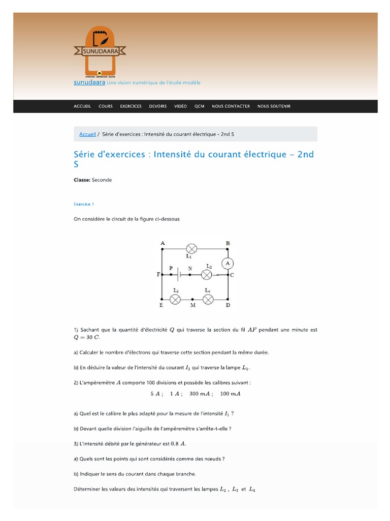 Serie Dexercices Intensite Du Courant Electrique 2nd S | PDF