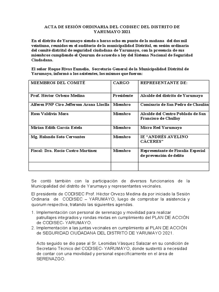 ACTA DE SESIÓN ORDINARIA DEL CODISEC DEL DISTRITO DE YARUMAYO 2021 | PDF | Gobierno