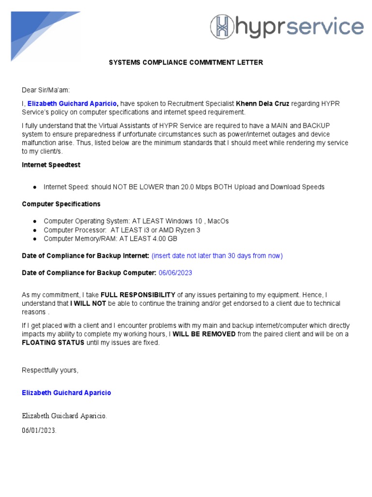 Elizabeth Guichard Aparicio - Systems Compliance Commitment Letter | PDF