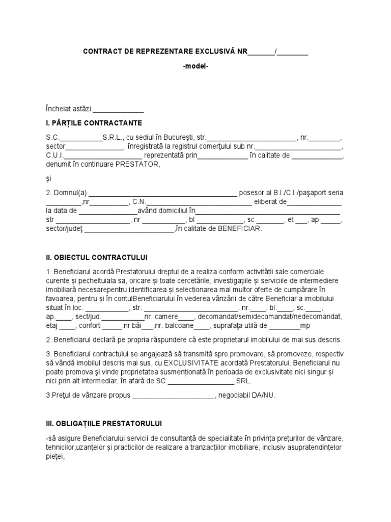 Model Contract Reprezentare Exclusiva 2 | PDF