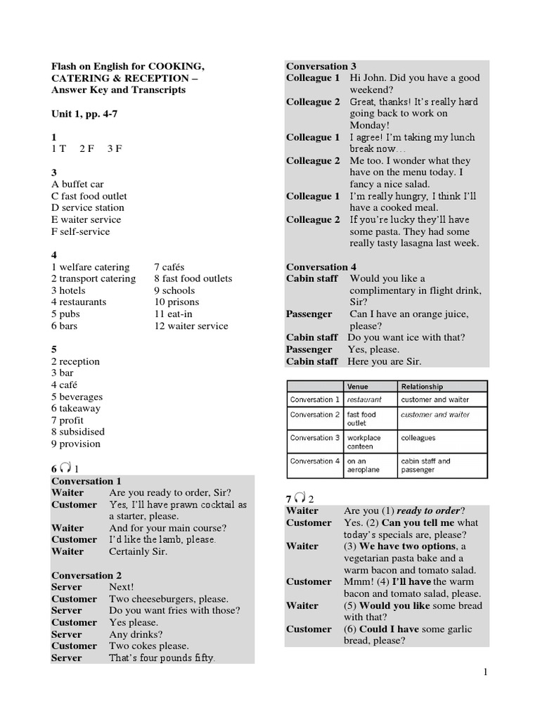 Flash On English For Cooking, Catering & Reception AnswerKeys | PDF ...