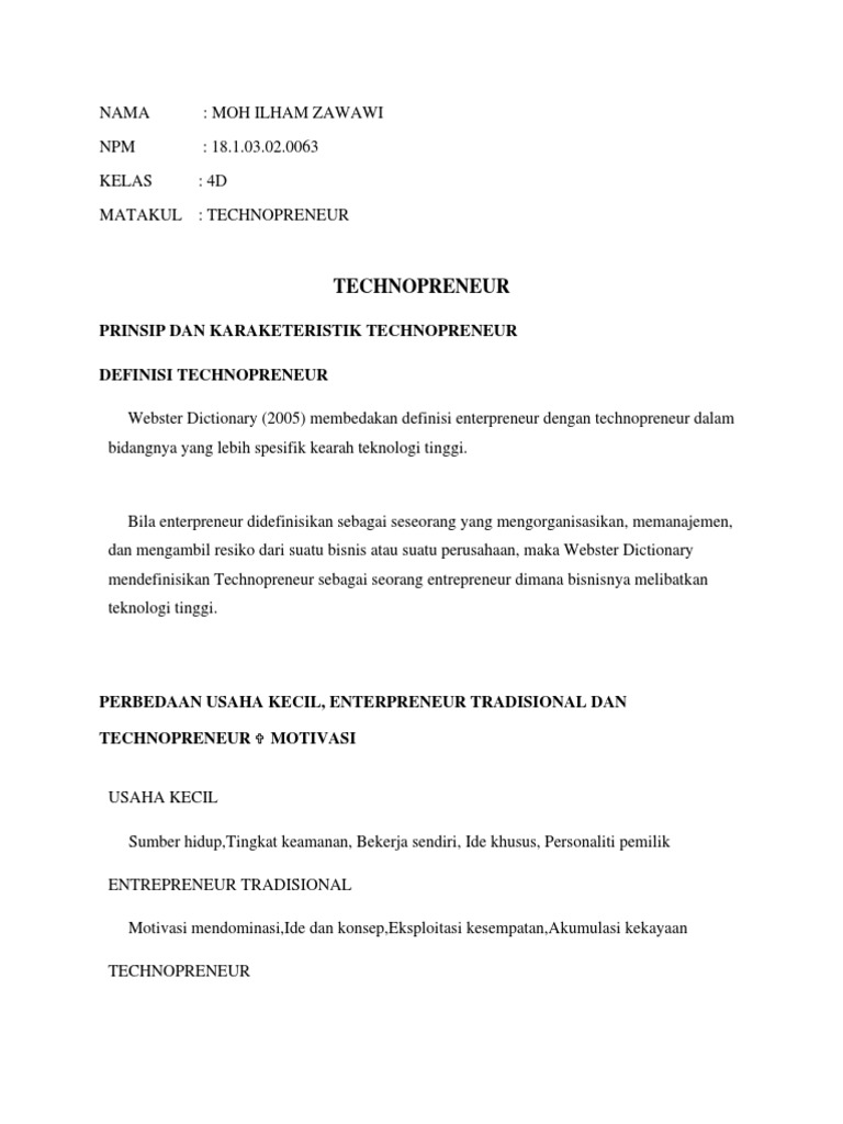 0063 - M Ilham Zawawi - TECHNOPRENEUR (1) . | PDF | Bisnis
