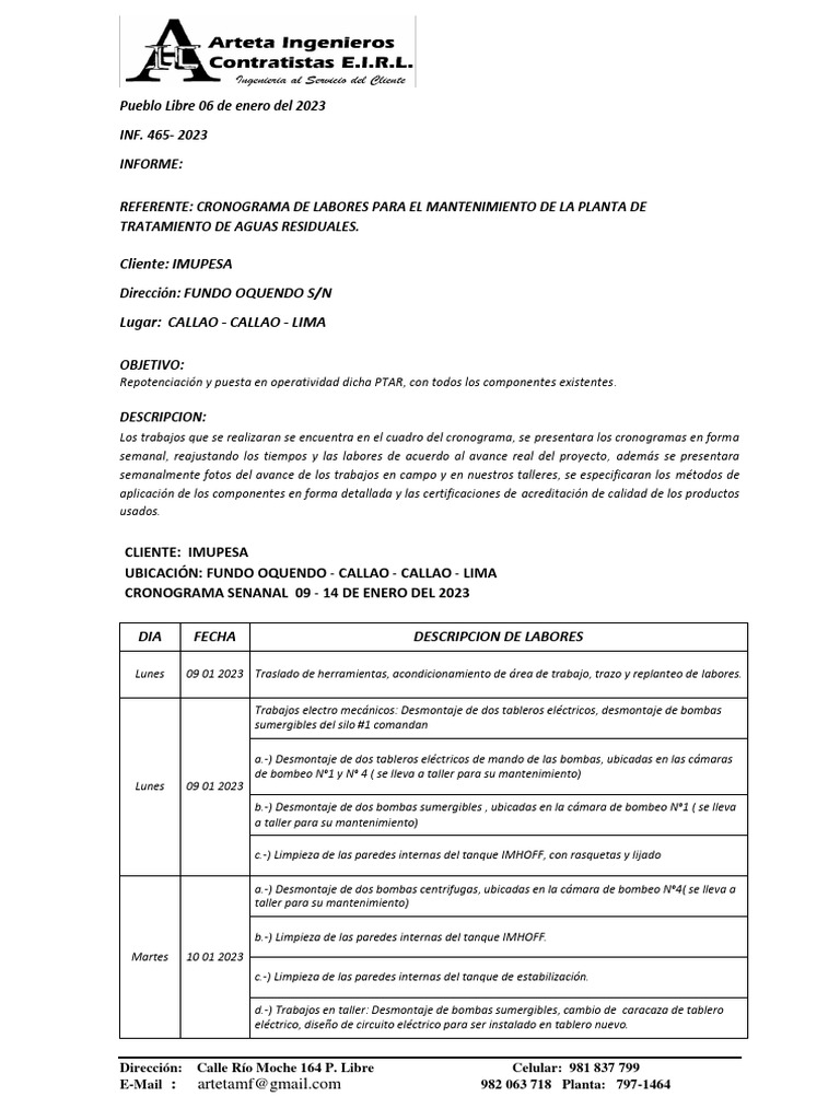 Cronograma de Labores para La Ptar 01 | PDF | Ciencia y matemáticas | Tecnología