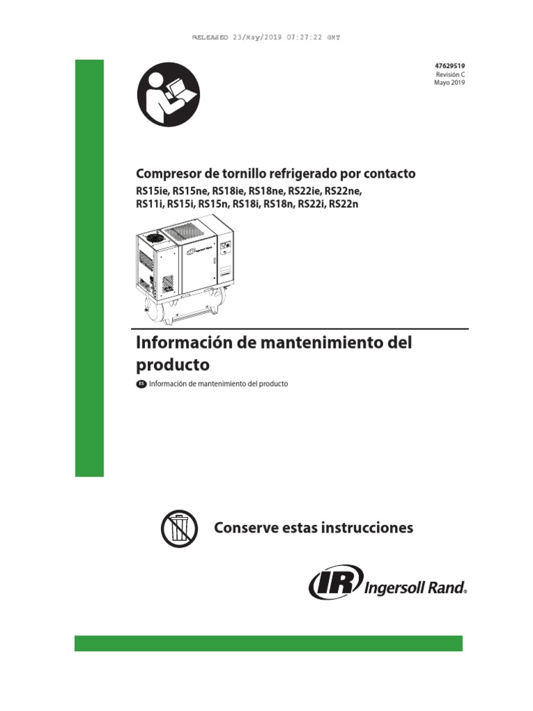 MANUAL RS15i, RS22i COMPRESOR INGERSOLL RAND | PDF | Rodamiento ...