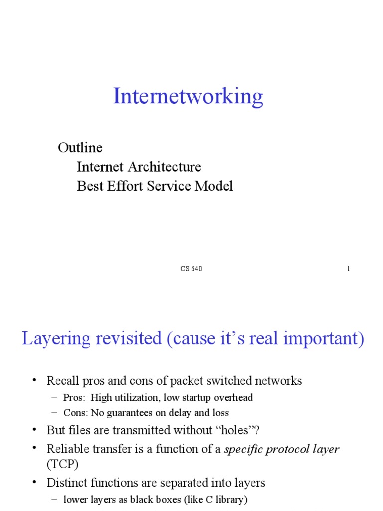 Internetworking: Outline Internet Architecture Best Effort Service ...