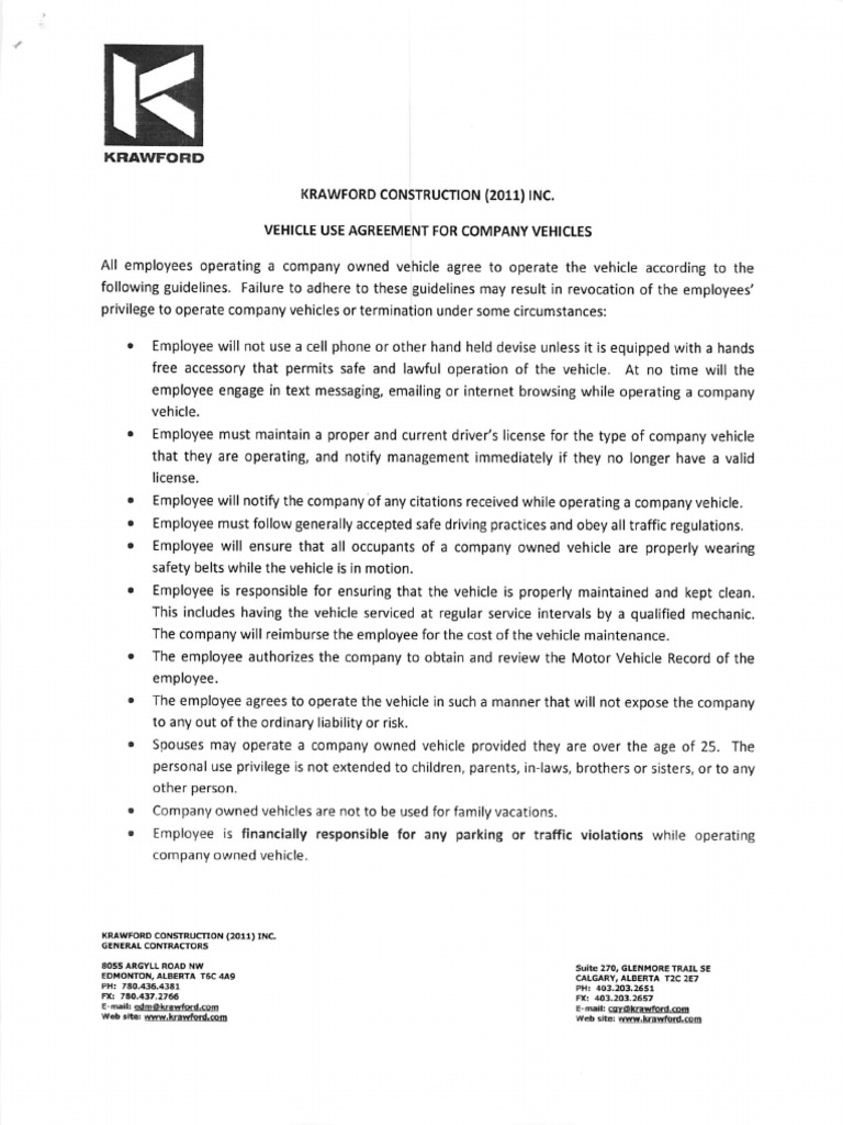 Vehicle Use Agreement | PDF