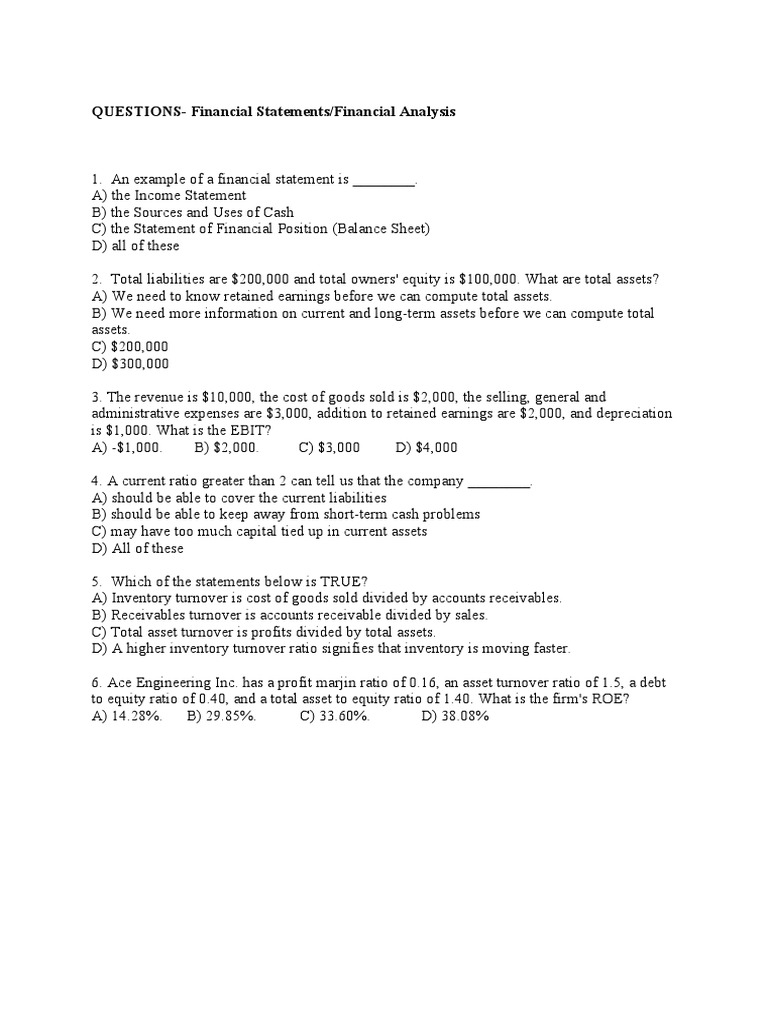 Questions Financial Statements Financial Analysis | PDF | Revenue | Equity (Finance)