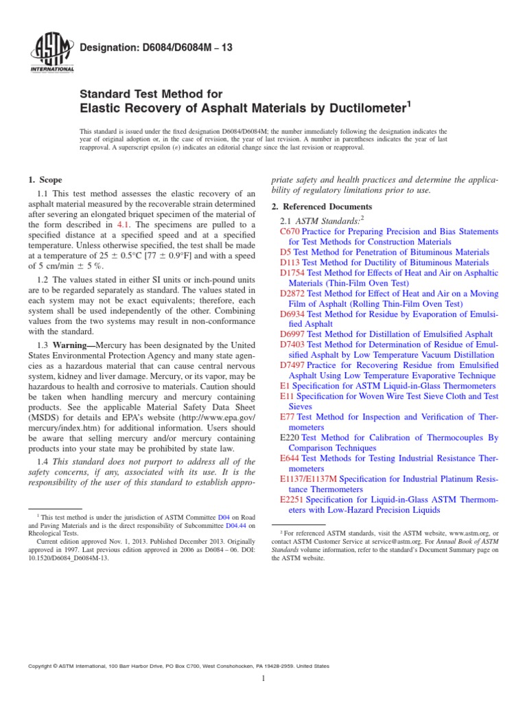 Elastic Recovery of Asphalt Materials by Ductilometer: Standard Test ...