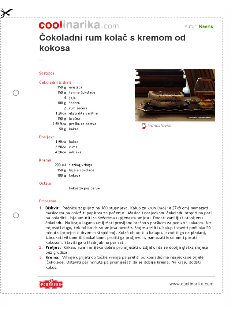 Cokoladni Rum Kolac S Kremom Od Kokosa | PDF