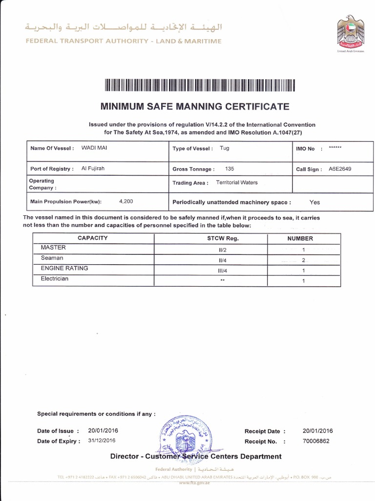 03 Minimum Safe Manning Certificate | PDF