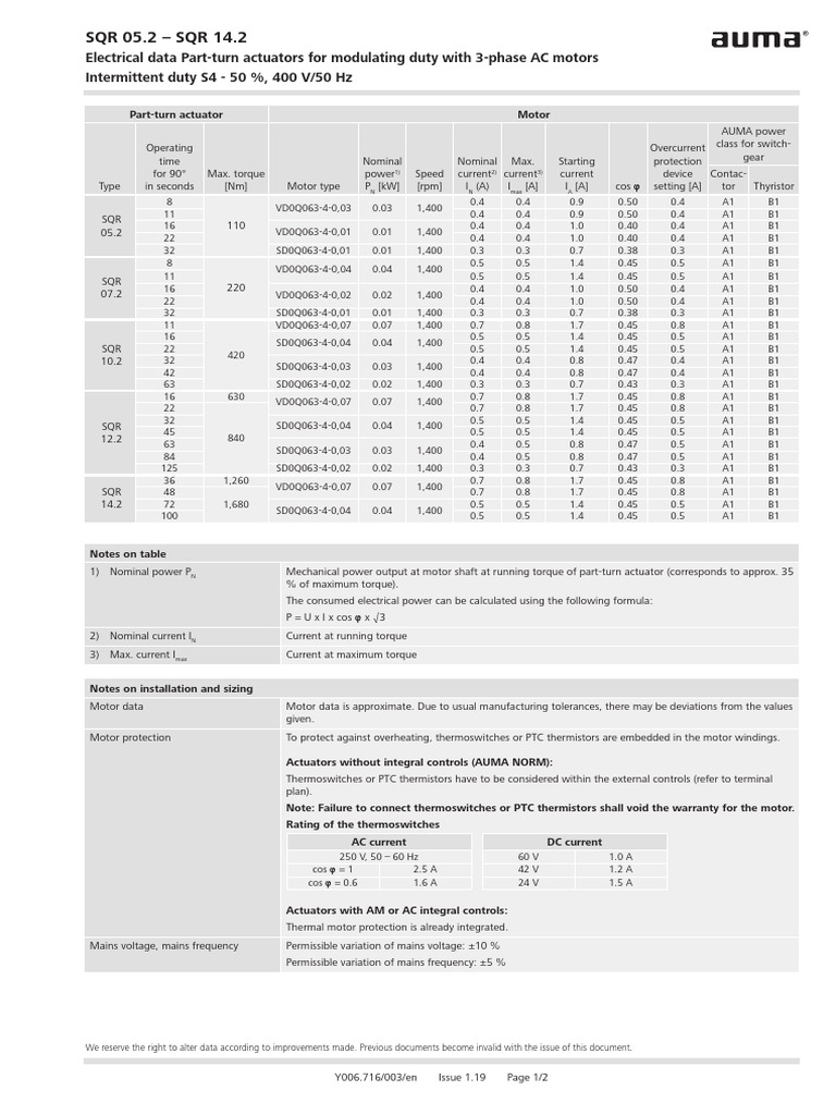 Electrical Data and Sizing Guidelines for AUMA Part-Turn Actuators with 3-Phase AC Motors | PDF ...