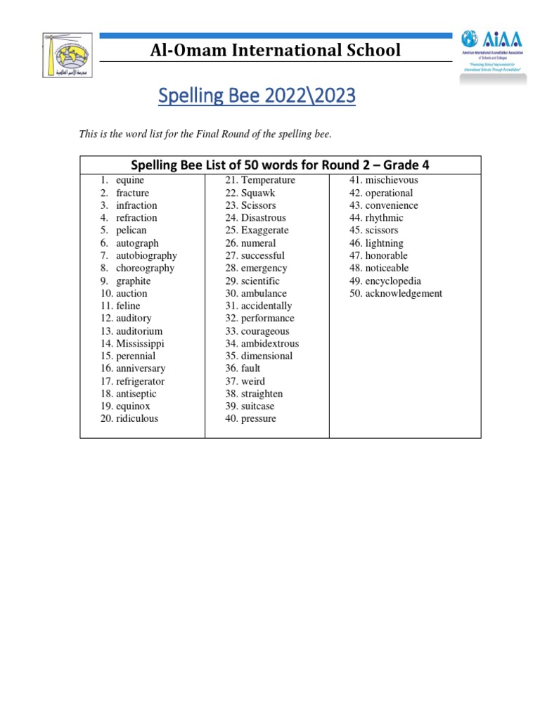 Final Spelling Bee 2022Gr 4 | PDF