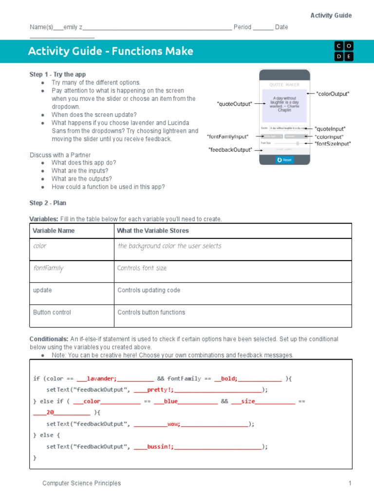 CSP 4.11 - Functions - Make - Activity Guide | PDF | Function (Mathematics) | Information