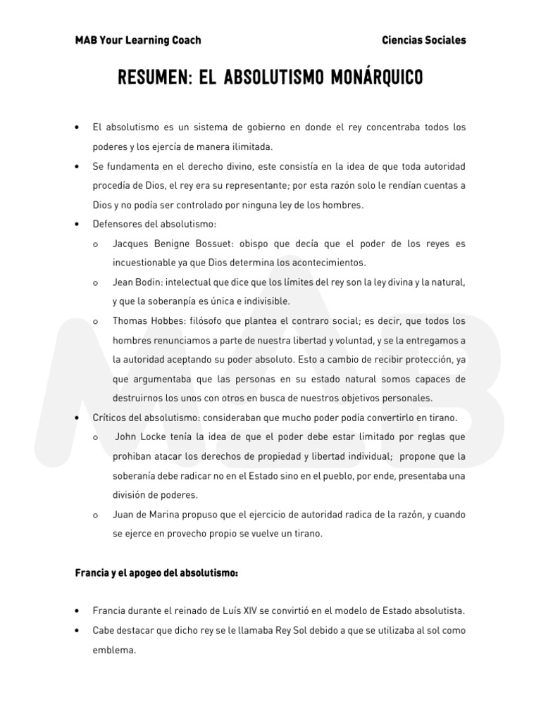 Resumen El Absolutismo Monárquico | PDF | Imperio español | Francia