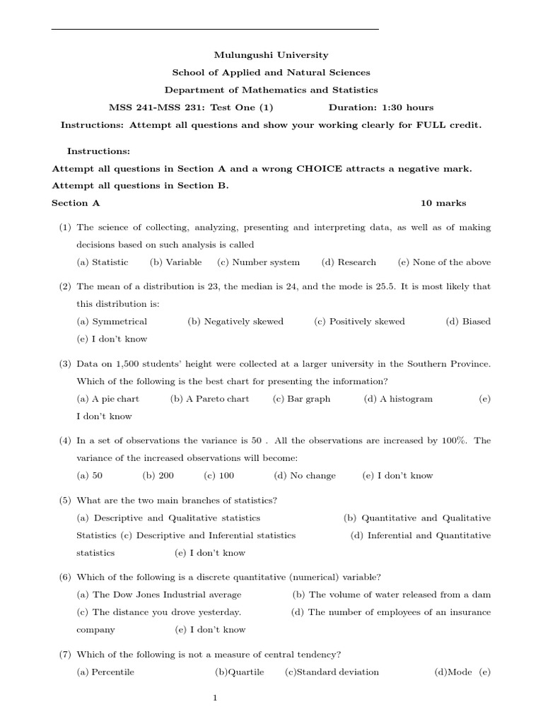 MSS 241-MSS 231 Test One | PDF | Level Of Measurement | Statistics