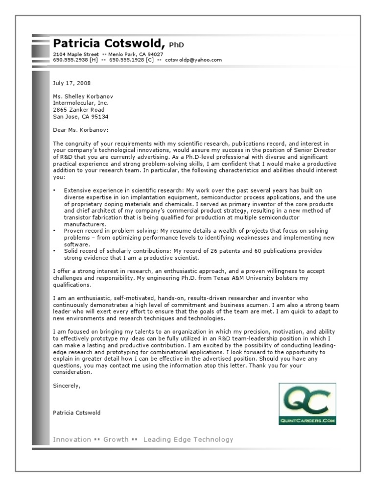 Sample R&D Executive Cover Letter | Prototype | Scientific Method