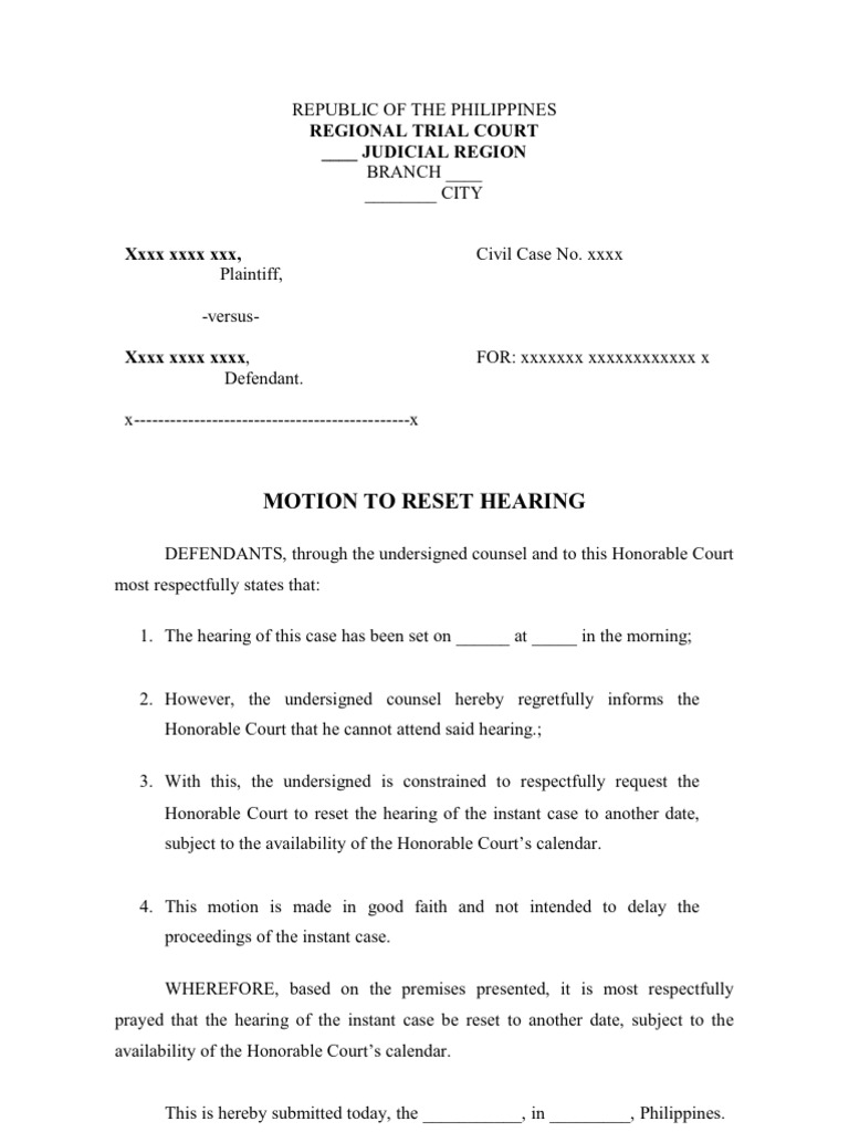 Motion to Reset Hearing Guidelines | PDF | Lawsuit | Legal Procedure