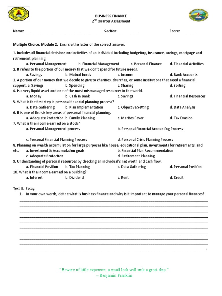 2nd Quarter Business Finance Assessment | PDF | Wealth | Financial Plan