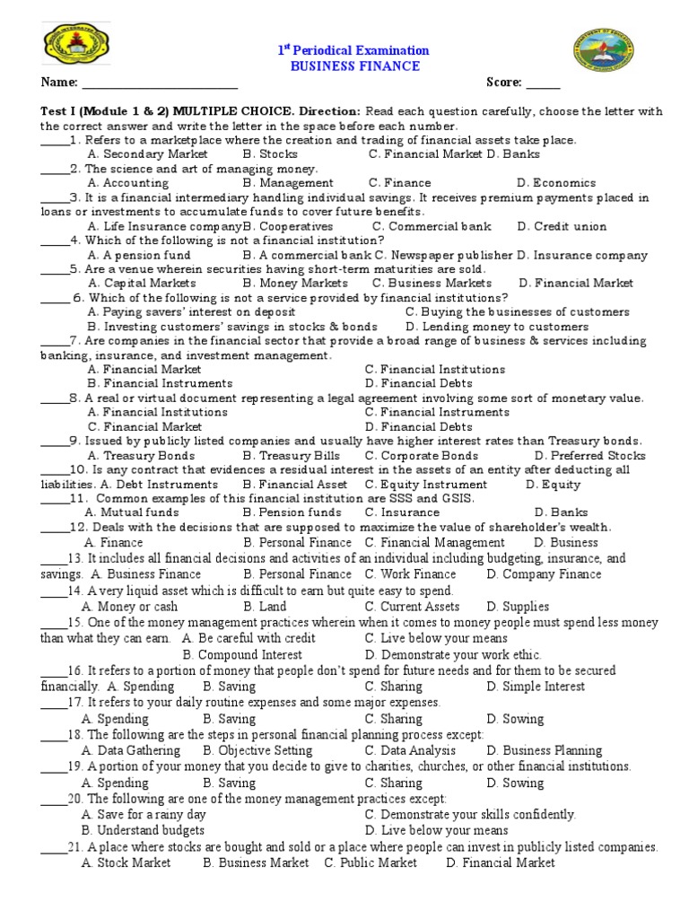 Business Finance 1st Quarter Exam | PDF | Financial Markets | Stocks