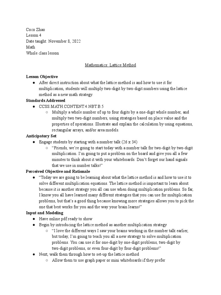 Lattice Method Lesson | PDF | Multiplication | Mathematics