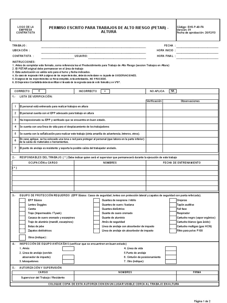 Permiso Escrito Trabajo Alto Riesgo PETAR-Altura | PDF