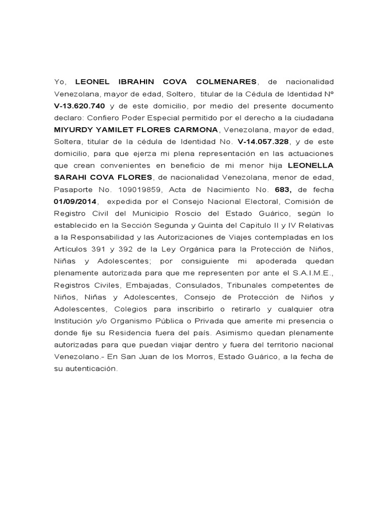 Documento de poder especial conferido a Miyurdy Yailet Flores Carmona ...